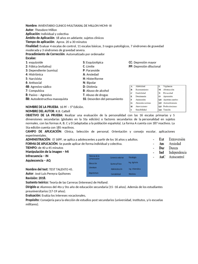 Inventario Clínico y Pruebas de Personalidad | PDF | Psicología anormal ...