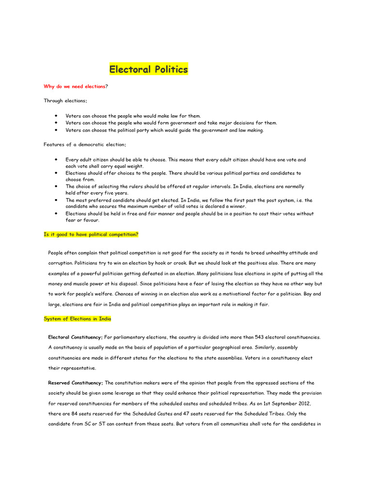 Electoral Politics Notes | PDF | Elections | Voting
