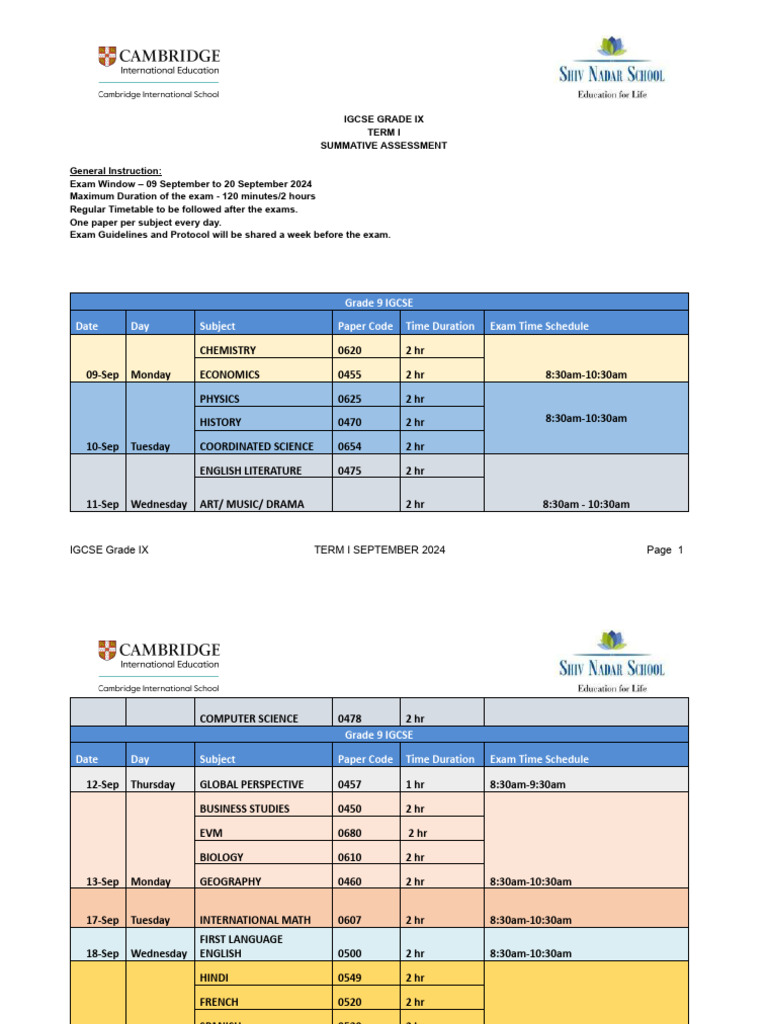 IGCSE GRADE IX TERM I - Exam Schedule & Syllabus Outline | PDF | Tempo