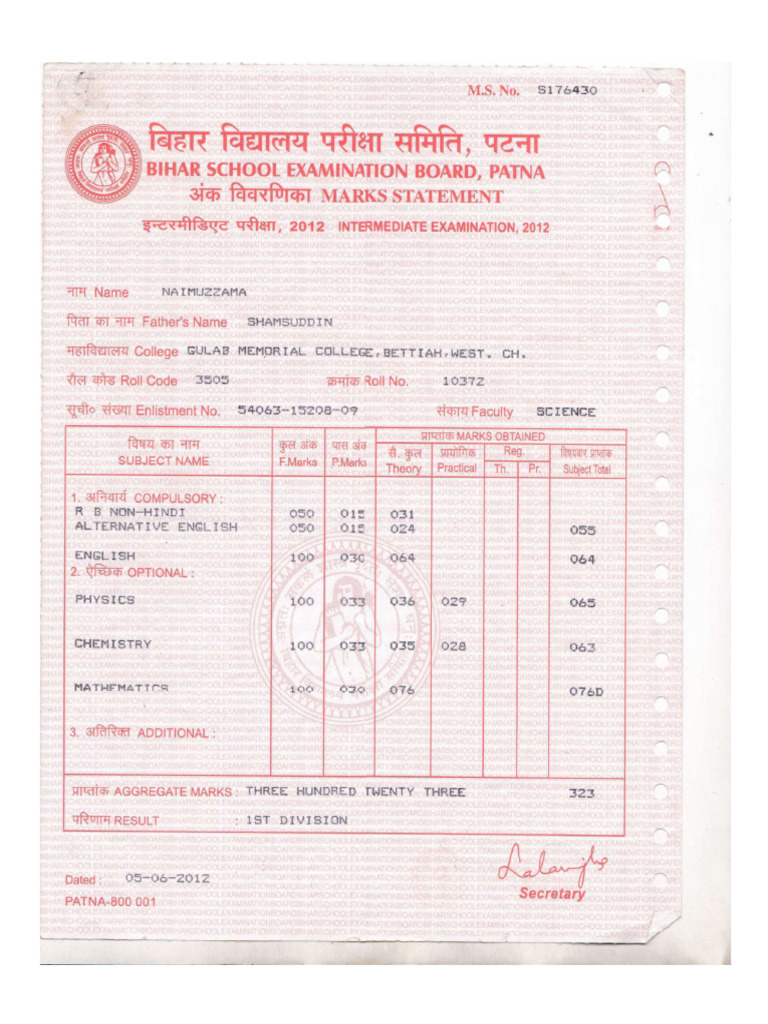 I.sc Mark Sheet | PDF