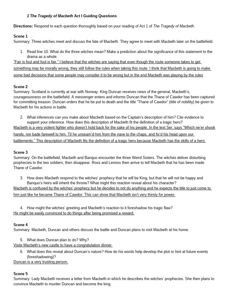 Macbeth Act 1 Study Questions Guide | PDF | Macbeth