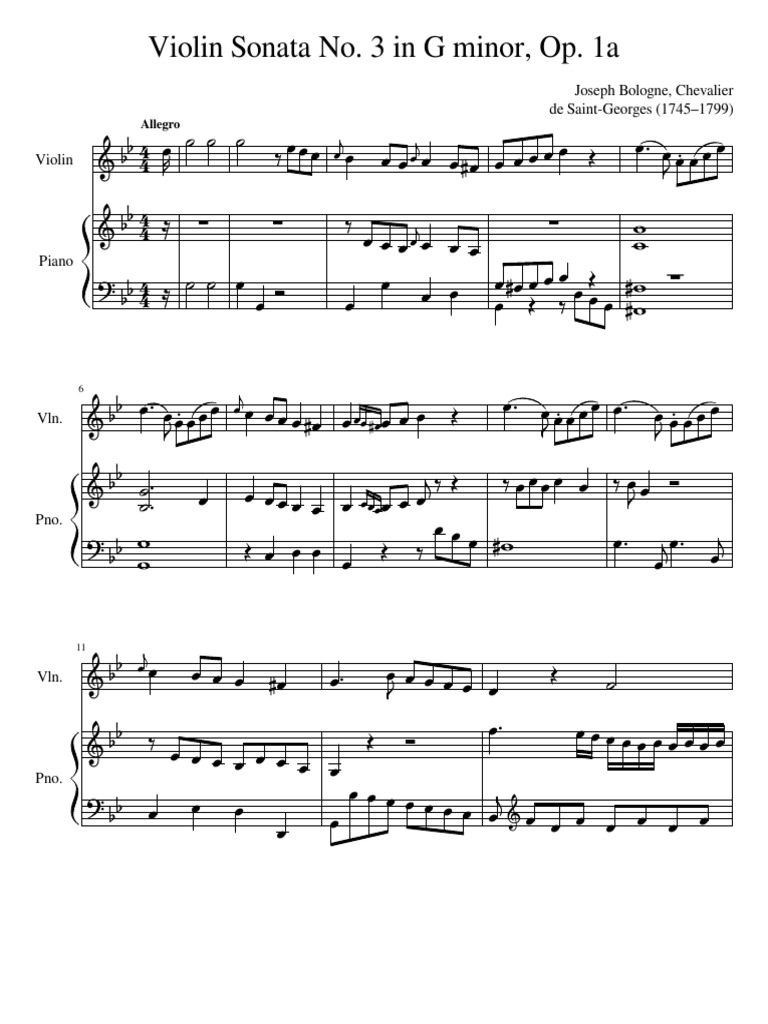 Violin Sonata No. 3 in G Minor Op 1a Joseph Bologne | PDF | Chamber ...