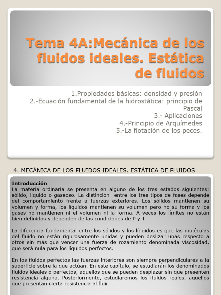 Tema 4A Mecanica de Fluidos Ideales Estatica | PDF | Presión | Líquidos