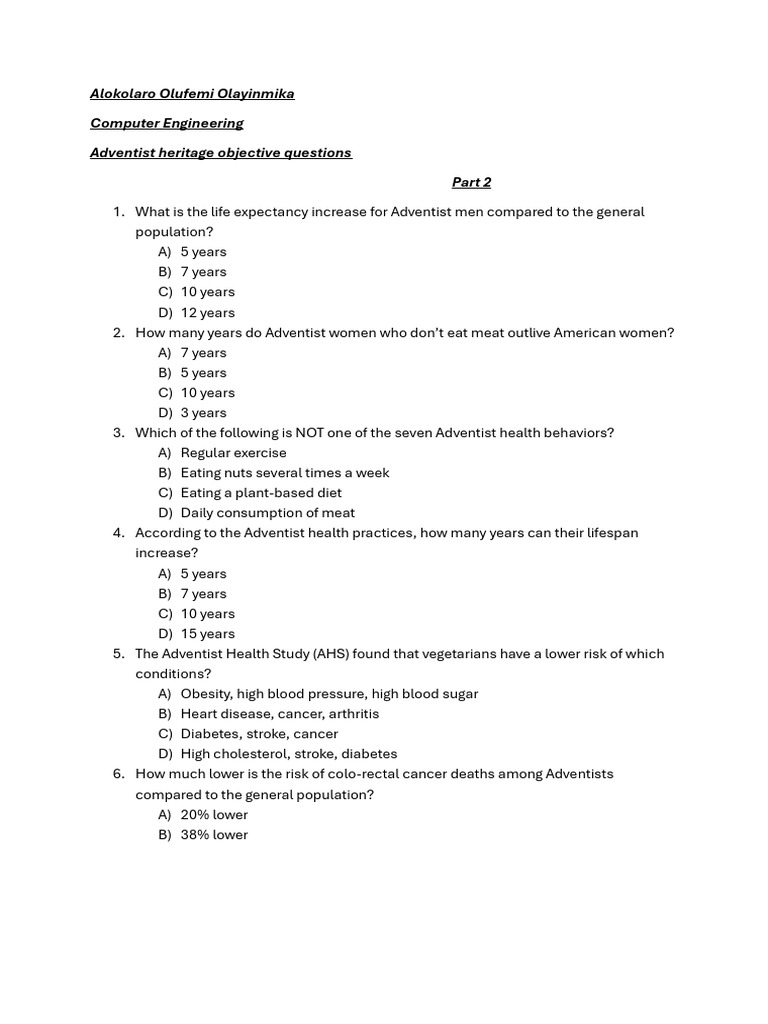 Adventist Health Practices Quiz Answers | PDF | Cancer | Seventh Day ...