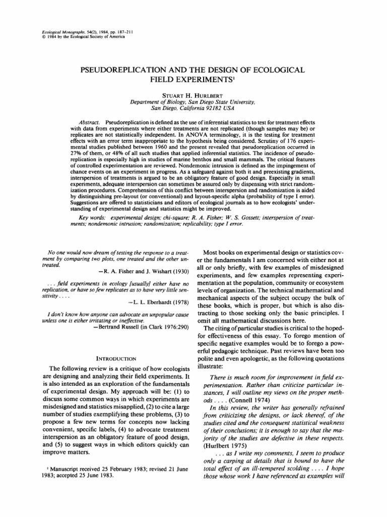 Ecological Monographs - 1984 - Hurlbert - Pseudoreplication and The ...