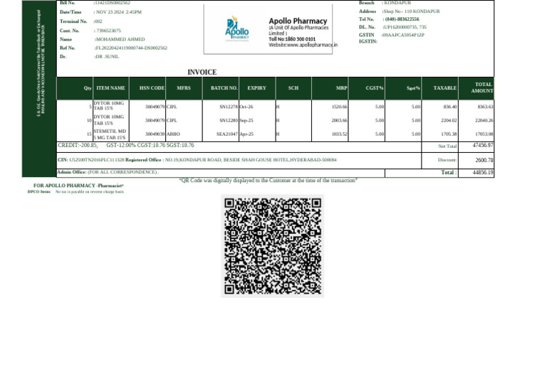 APOLLO-Pharmacy receipt 23-11-2024 | PDF | Taxes | Government Finances