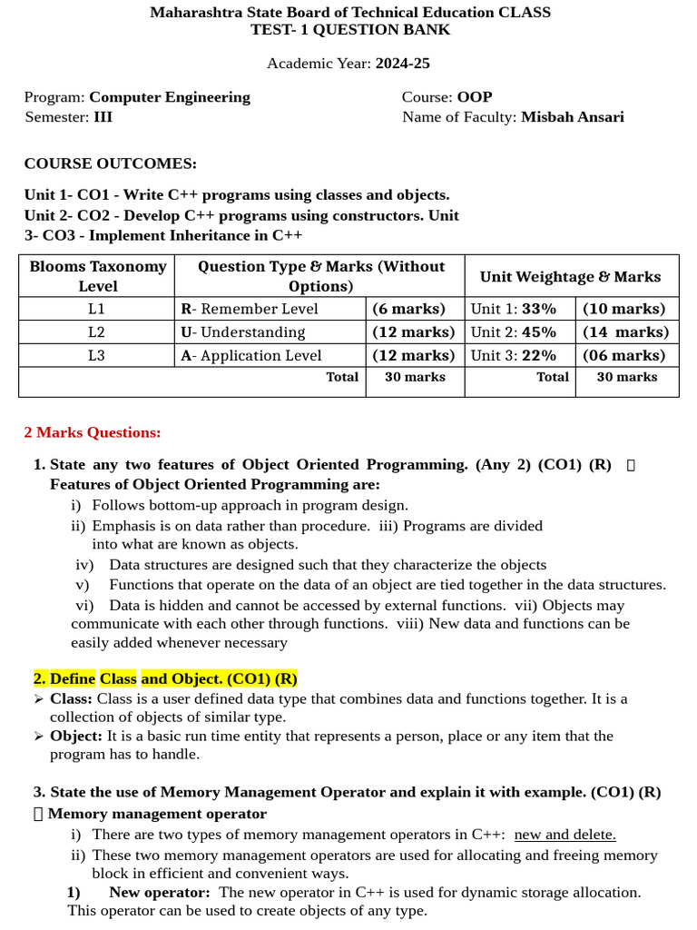 K Scheme Oop Unit Test 1 Question Bank Pdf C Object Oriented Programming