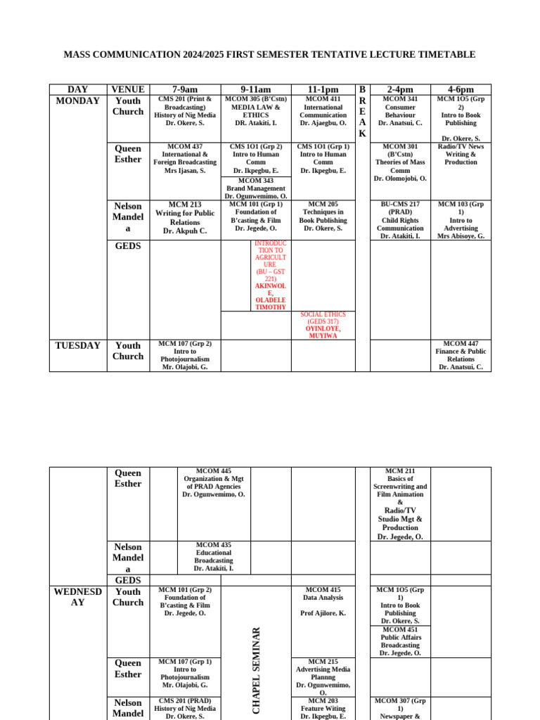 Mass Communication 2024-2025 Tentative Lecture Timetable-1 | PDF | Entertainment | Promotion And ...