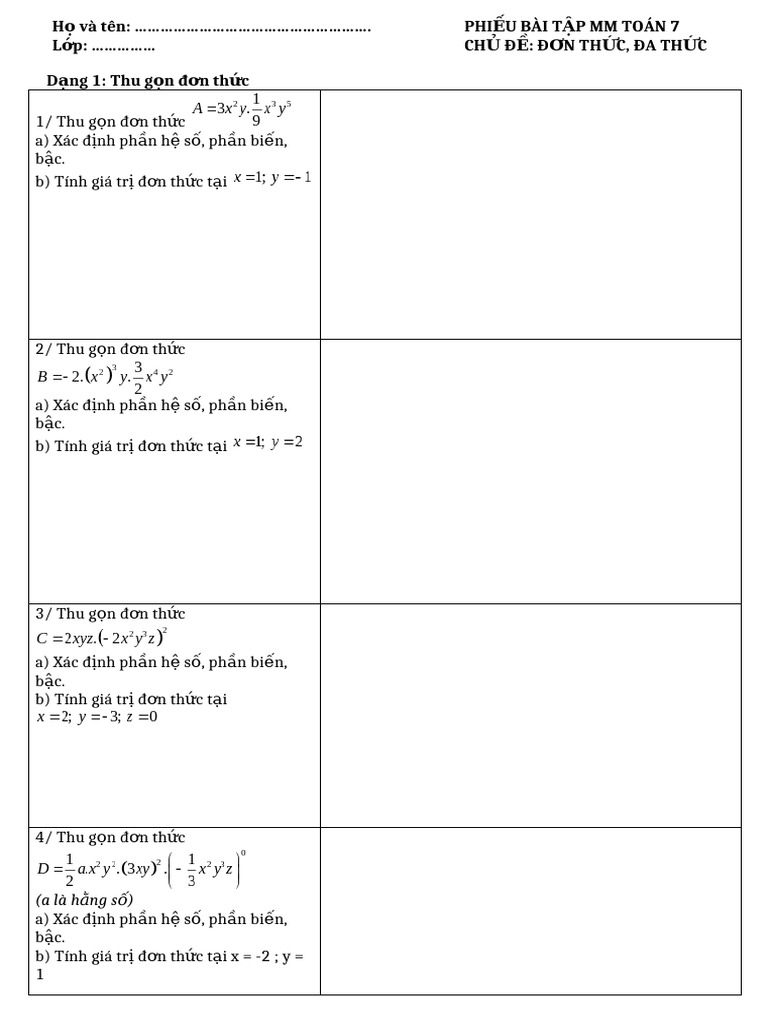 Math7 - PHT - MM - Đơn Thức, Đa Thức | PDF
