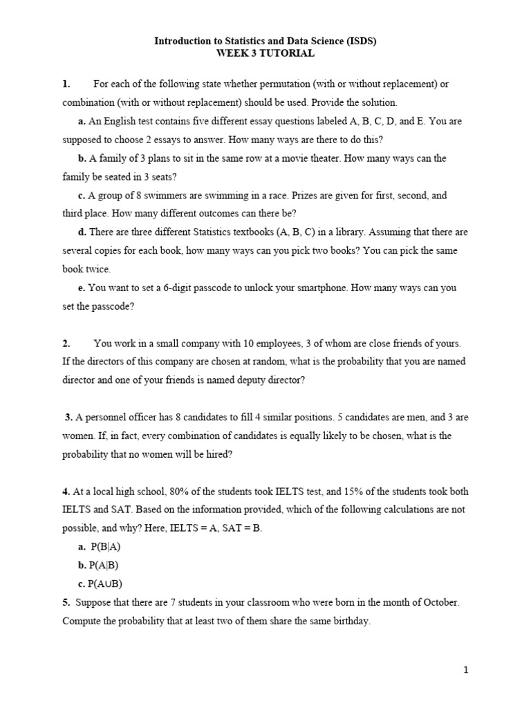 Introduction To Statistics and Data Science (ISDS) Week 3 Tutorial 1 | PDF