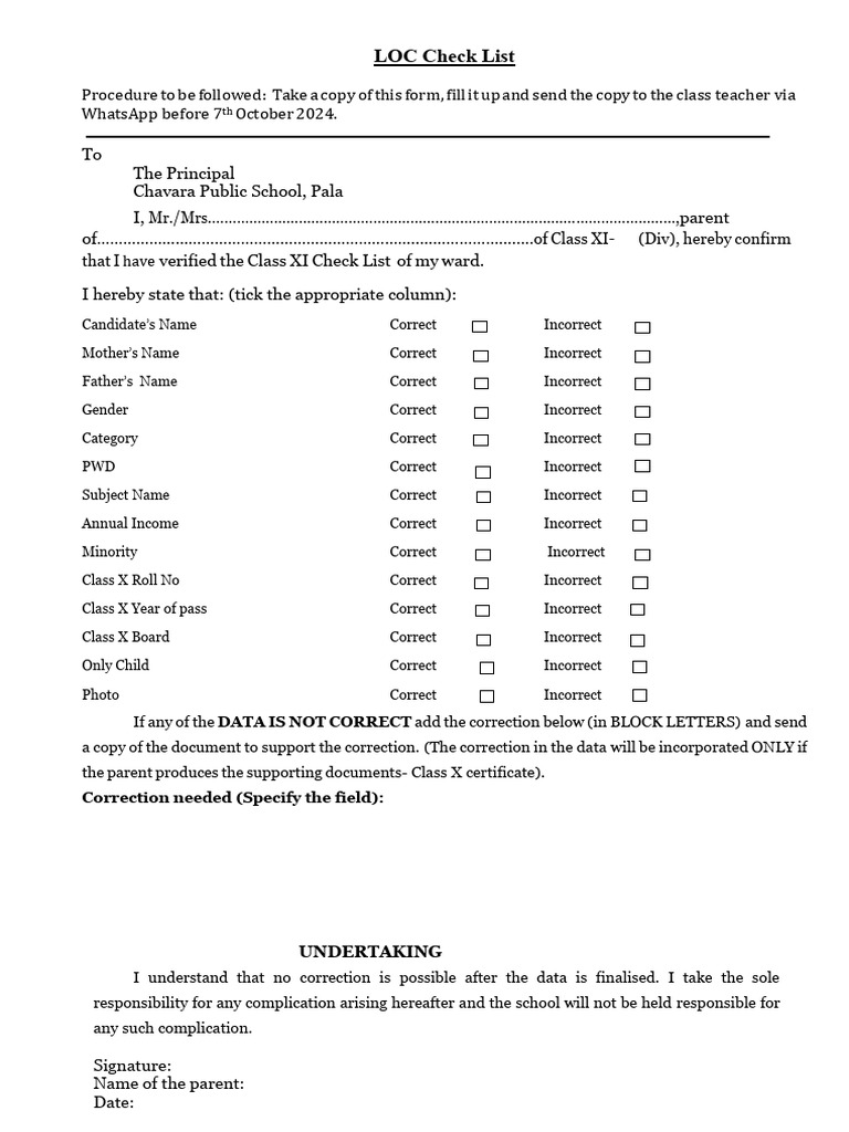 LOC Check List Parent Declaration Form (XI) | PDF