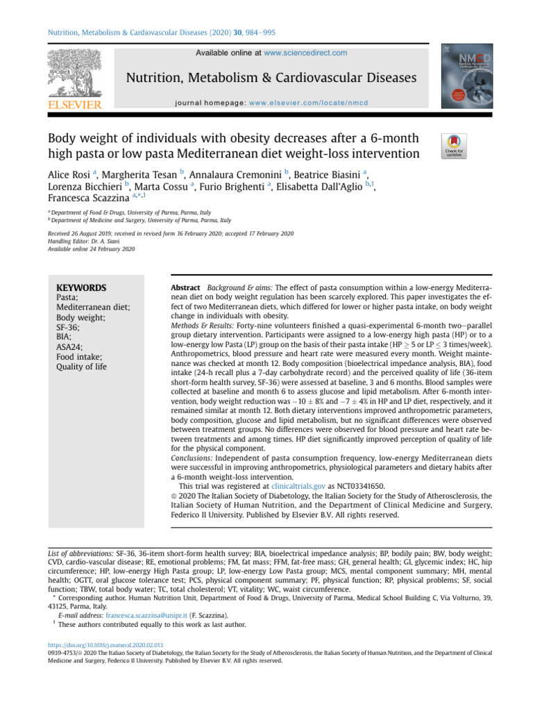Rosi Et Al 2020 Body Weight of Obese Decreases After High or Low Pasta ...
