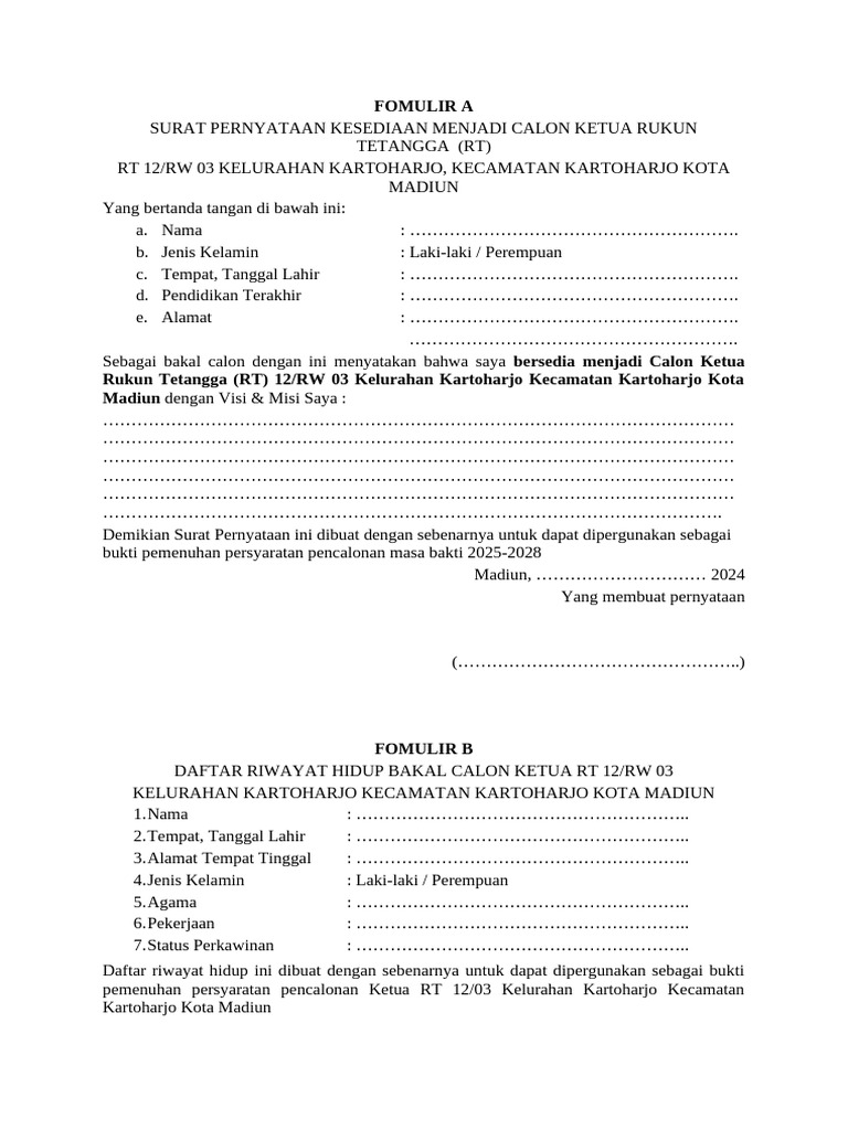 Formulir pendaftaran ketua RT 12 | PDF