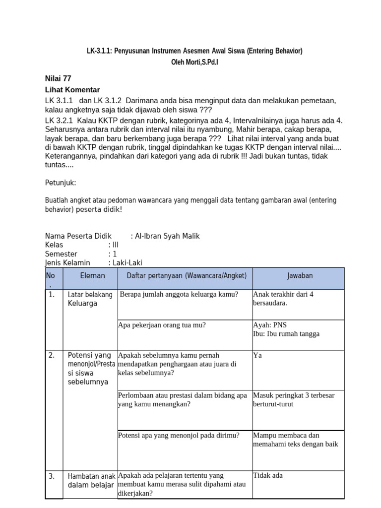 LK. 3 Penyusunan Instrumen Asesmen Awal, Formatif Dan Sumatif | PDF