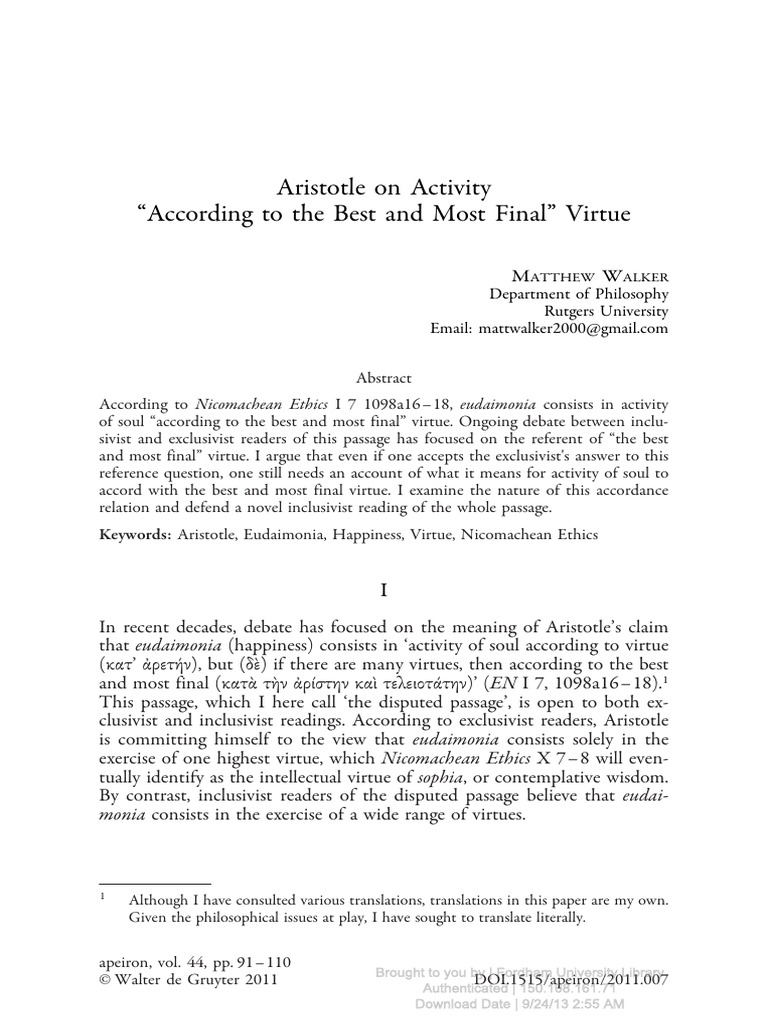 Aristotle On Activity According To The Best, and Most Final Virtue ...