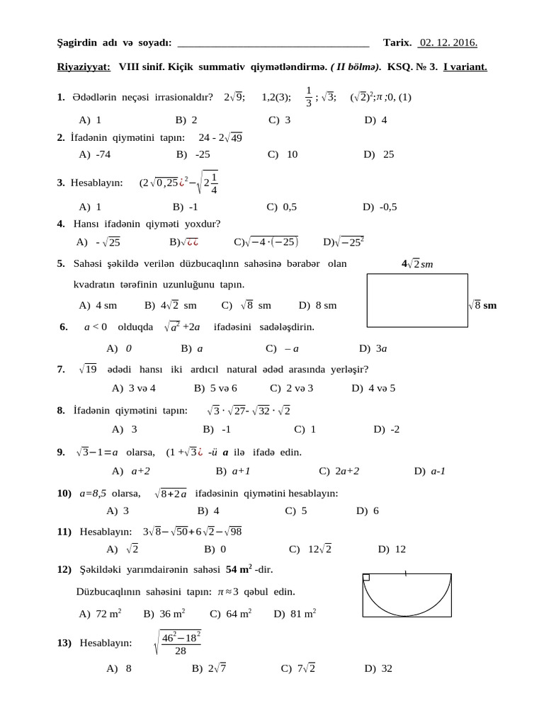 S. Riyaziyyat. KSQ. 3. I II V | PDF