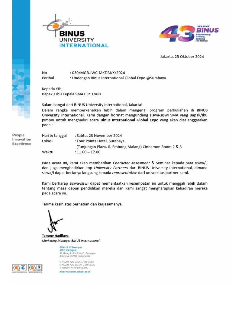 SMAK St. Louis - Surat Undangan Binus International Global Expo | PDF