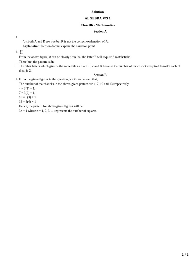 Algebra WS 1 Sol (Matchstick Patterns) | PDF