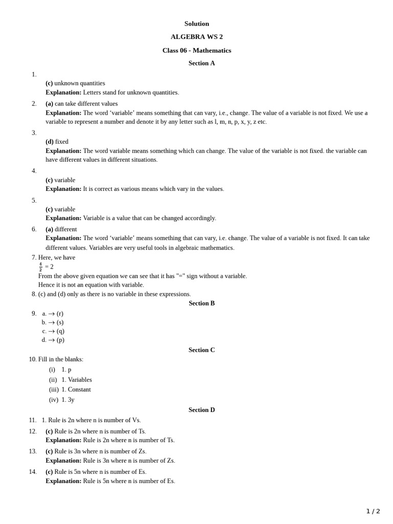 Algebra WS 2 Sol (the Idea of a Variable) | PDF | Variable (Mathematics) | Equations