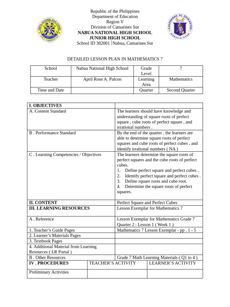 Detailed Lesson Plan in Mathematics 7 NNHS | PDF | Lesson Plan | Learning