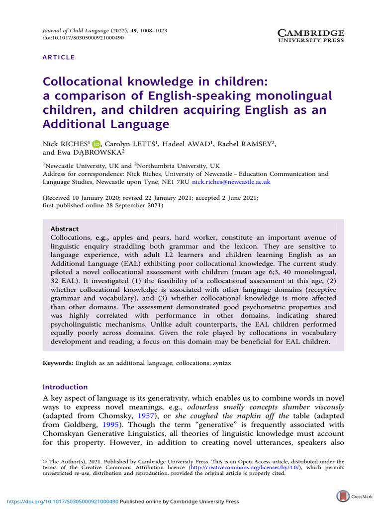 Collocational knowledge in children. A comparison of English-speaking ...