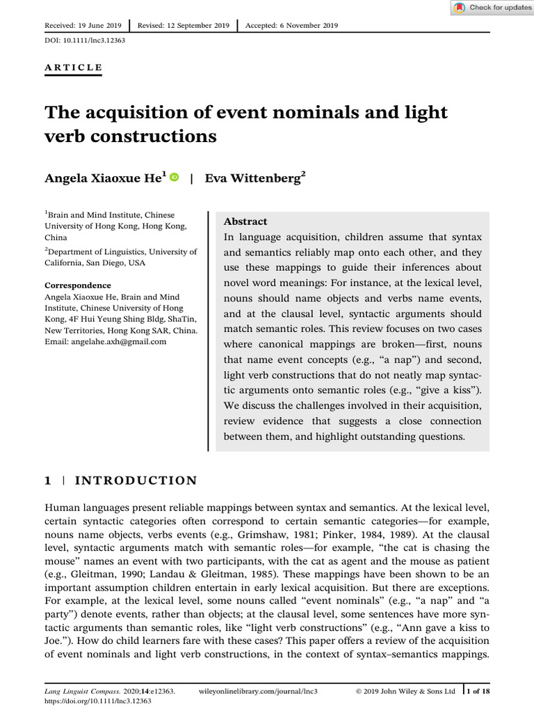 The Acquisition of Event Nominals and Light Verb Constructions | PDF | Syntax | Semantics
