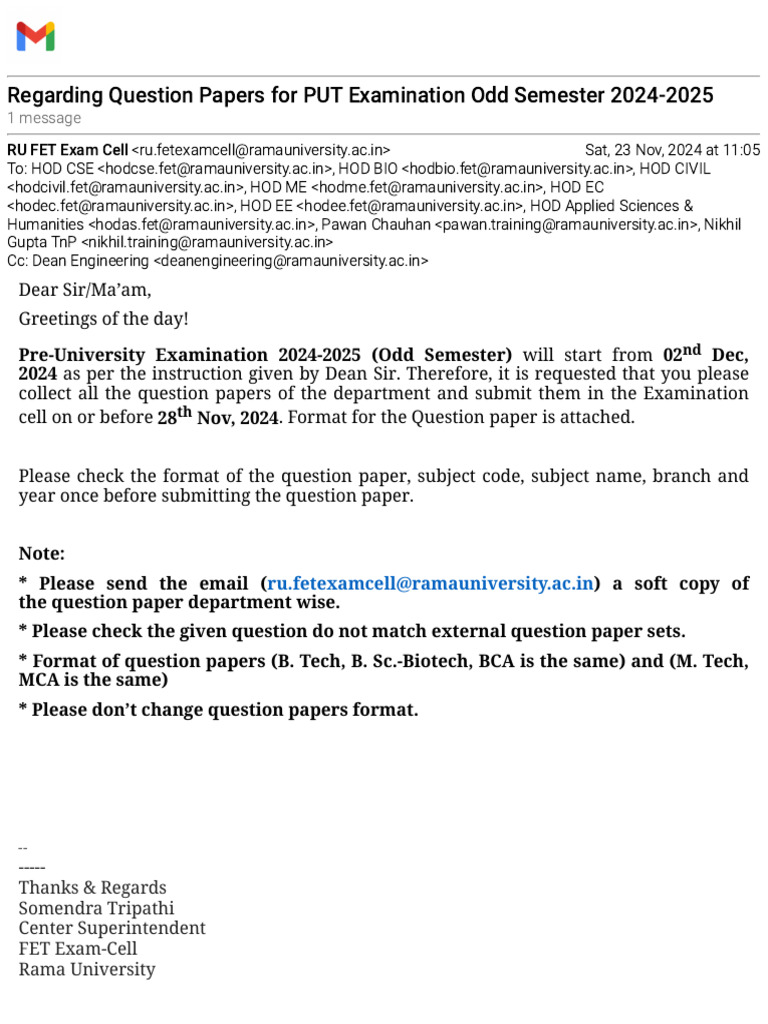 Gmail - Regarding Question Papers For PUT Examination Odd Semester 2024-2025 | PDF