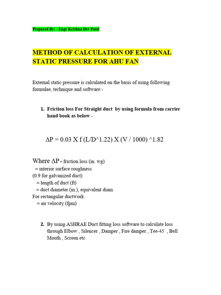 AHU Fan External Static Pressure Calculation | PDF | Duct (Flow ...