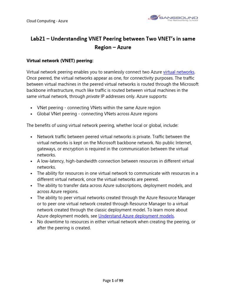 Lab21 Understanding Vnet Peering Between Two Vnets In Same Region Azure Pdf Computer