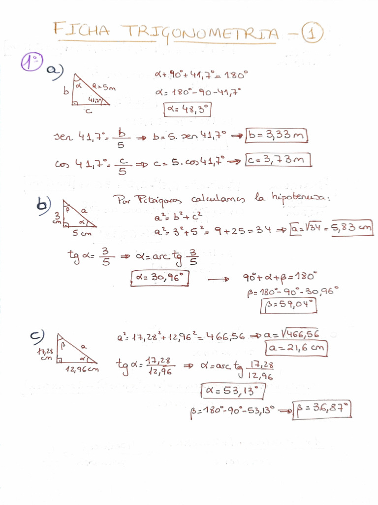 Ficha 1 TRIGONOMETRIA Ejercicios Resueltos | PDF