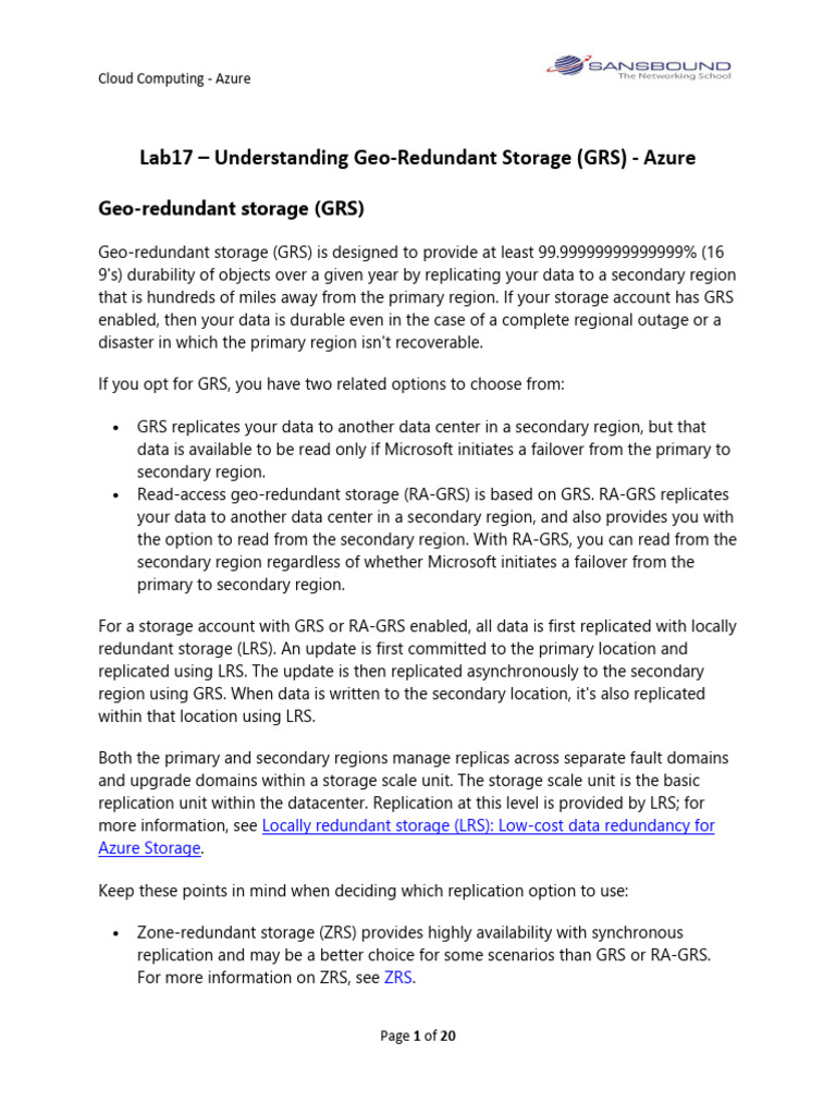 Lab17 - Understanding Geo Redundant Storage (GRS) - Azure | PDF ...