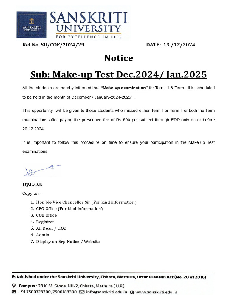 Notice Make Up Exam | PDF