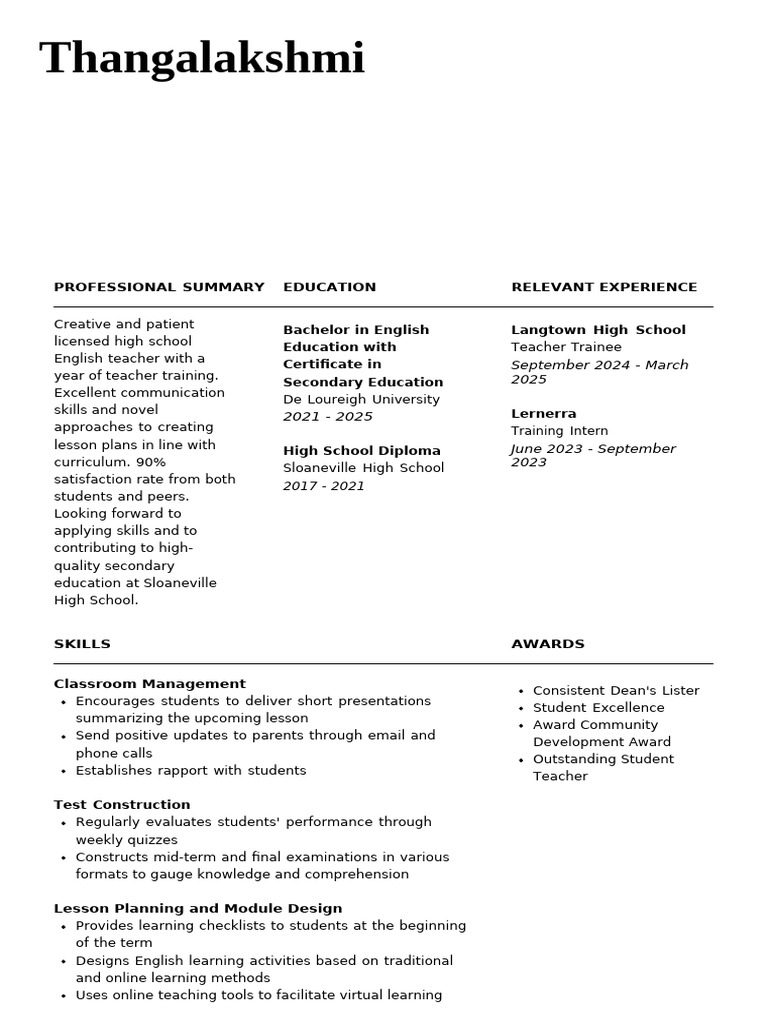 Black and White Modern Entry Level Fresher Resume | PDF | Teachers ...