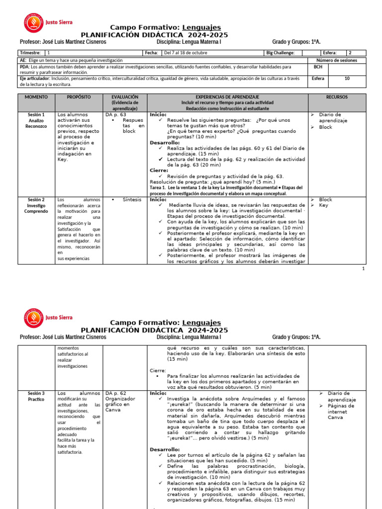 Copia de 24-25 - LM1 - T1 - ESF2 - JL.1° | PDF | Infografia | Maestros
