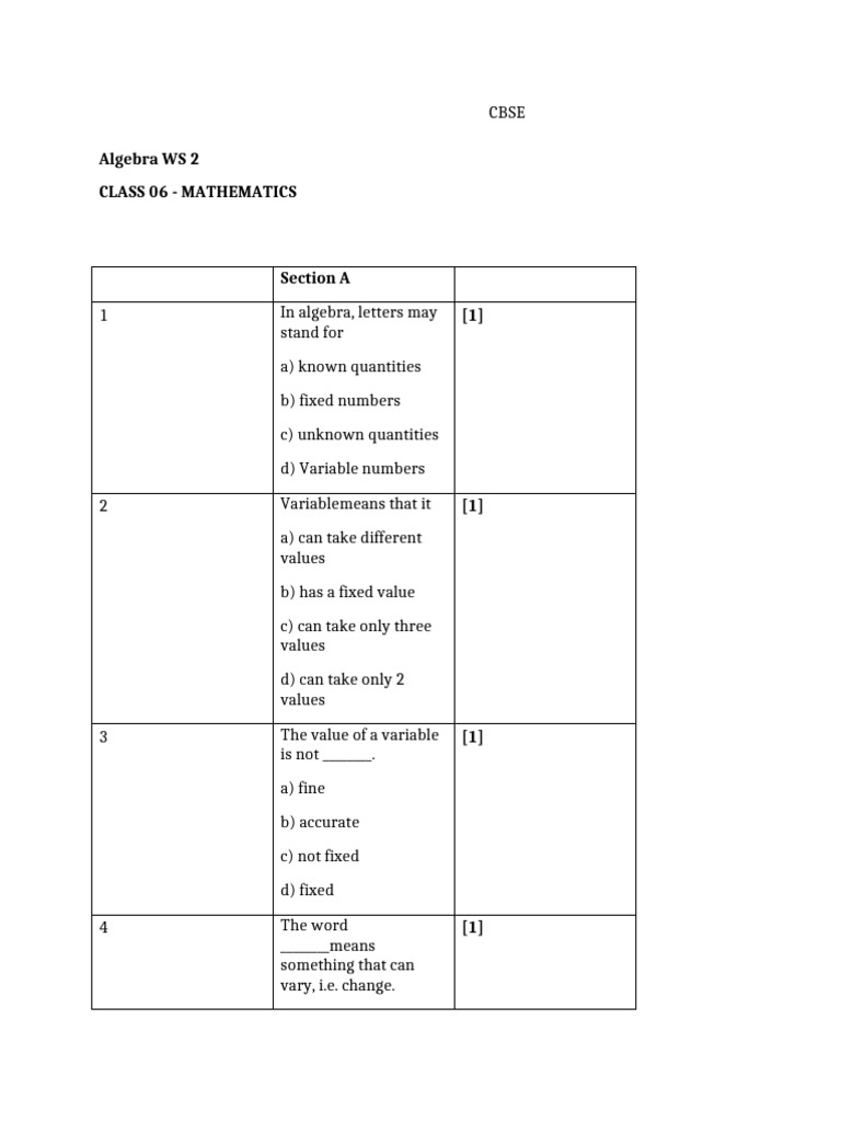 Algebra WS 2 Word (The Idea of A Variable) | PDF | Variable ...