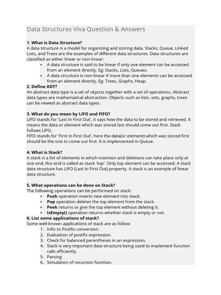 Data Structures Viva Question Pdf Queue Abstract Data Type Algorithms And Data Structures