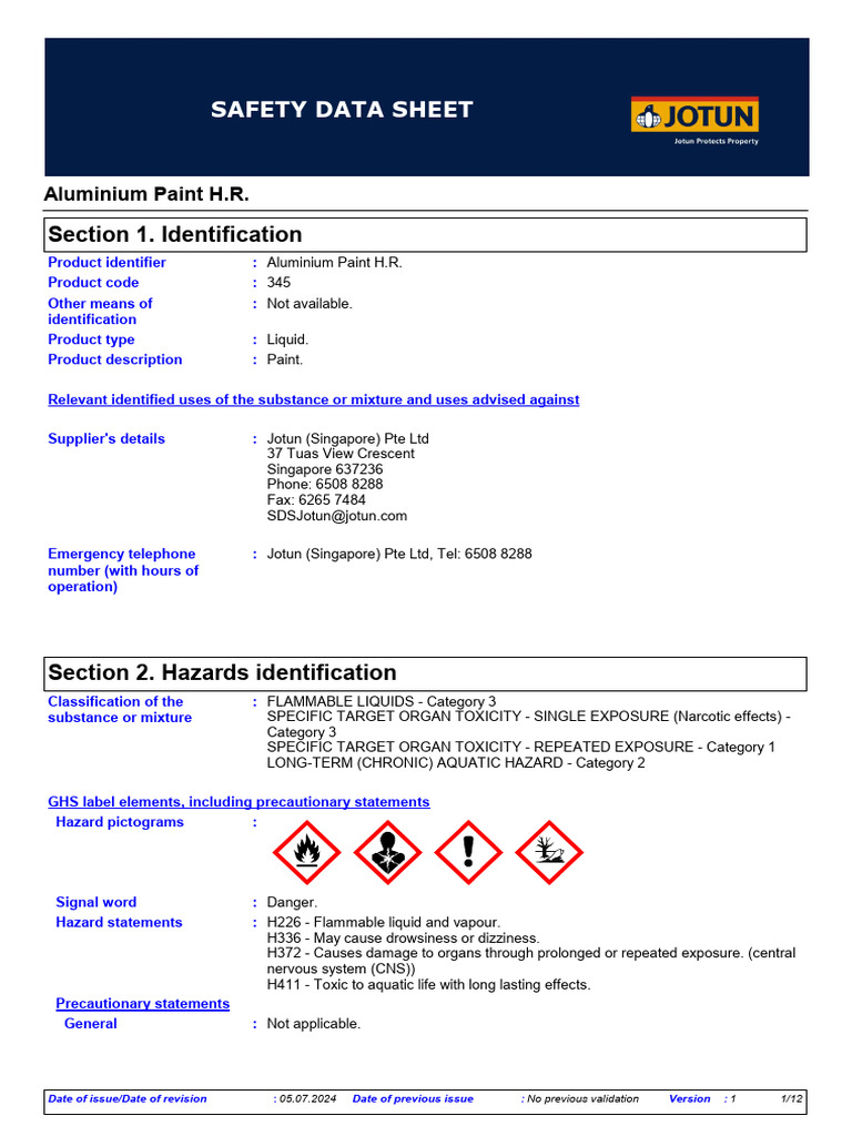 SDS 345 Aluminium Paint H.R. Euk SG | PDF | Toxicity | Occupational ...
