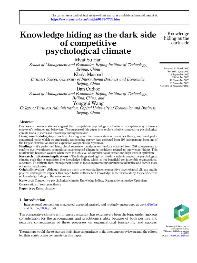 Han - Knowledge Hiding As The Dark Side of Competitive Psychological ...
