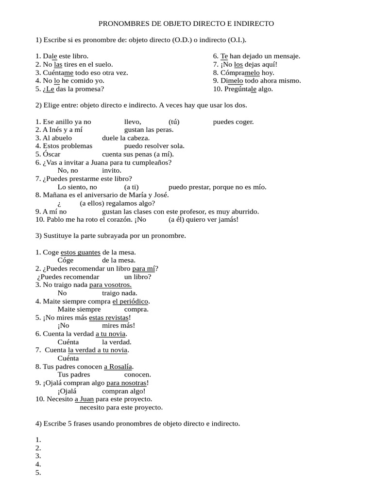 Pronombres de Objeto Directo e Indirecto | PDF
