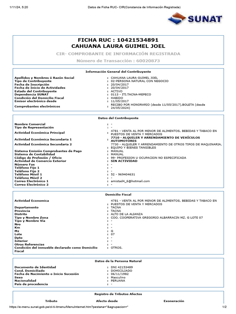 FICHA RUC 01-11-2024 GUIMEL (3) | PDF | Documento de identidad