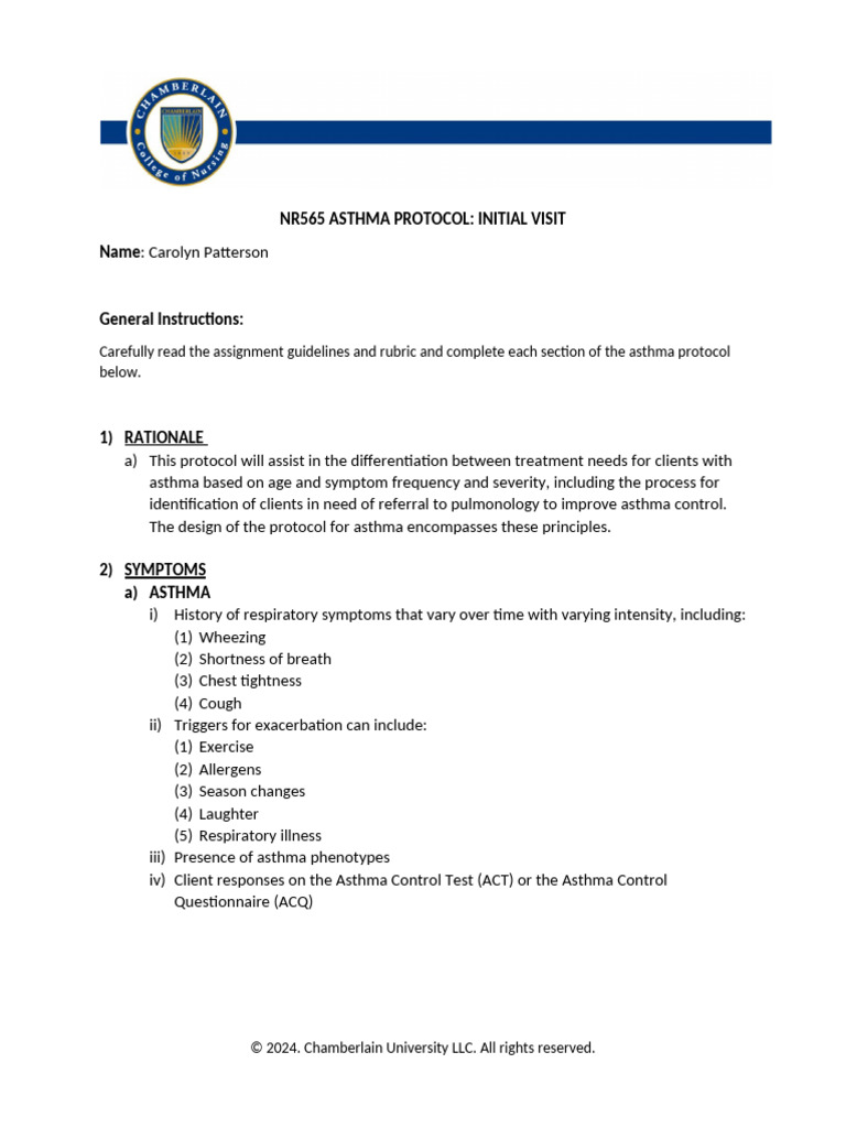 Week6 NR565 Respiratory Protocol Assignment Template | PDF | Asthma | Allergen