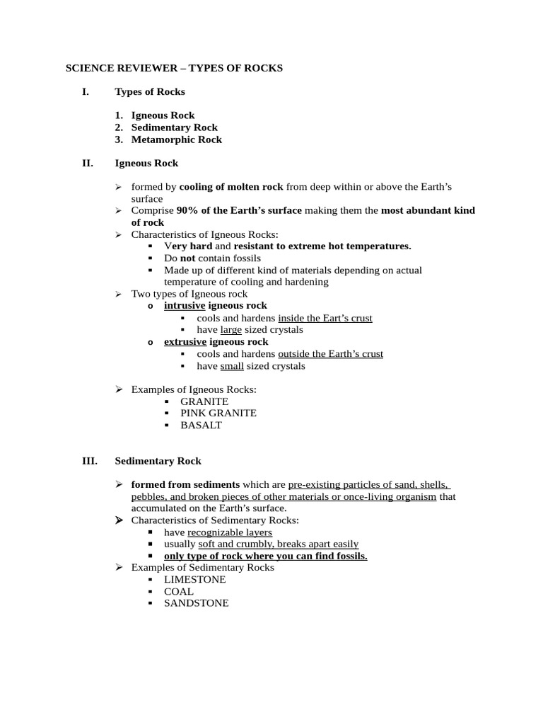 SCIENCE REVIEWER - TYPES OF ROCKS | PDF