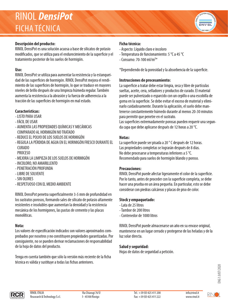 2020_RINOL_DENSIPOT_TDS_ES | PDF | Hormigón | Materiales
