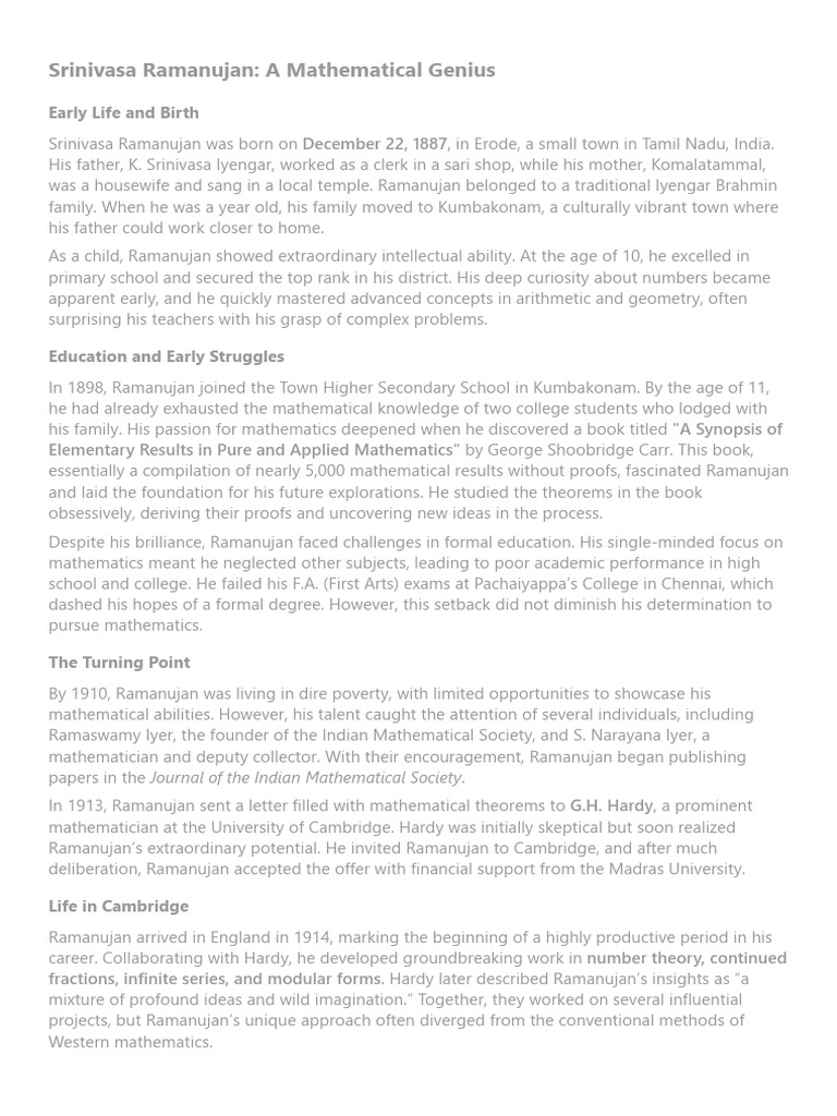 Essay on srinivasa ramanujan | PDF | Pi | Numbers