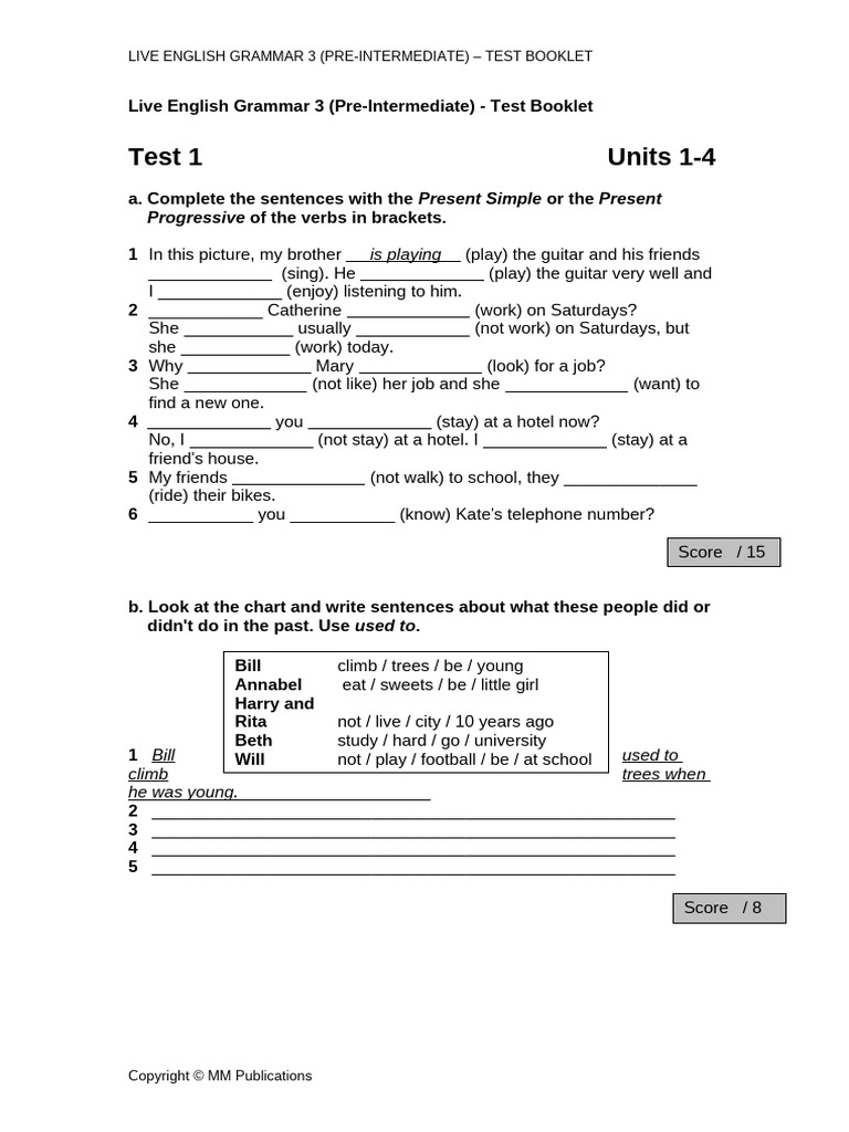Live English Grammar 3 - Test 1 | PDF | English Grammar