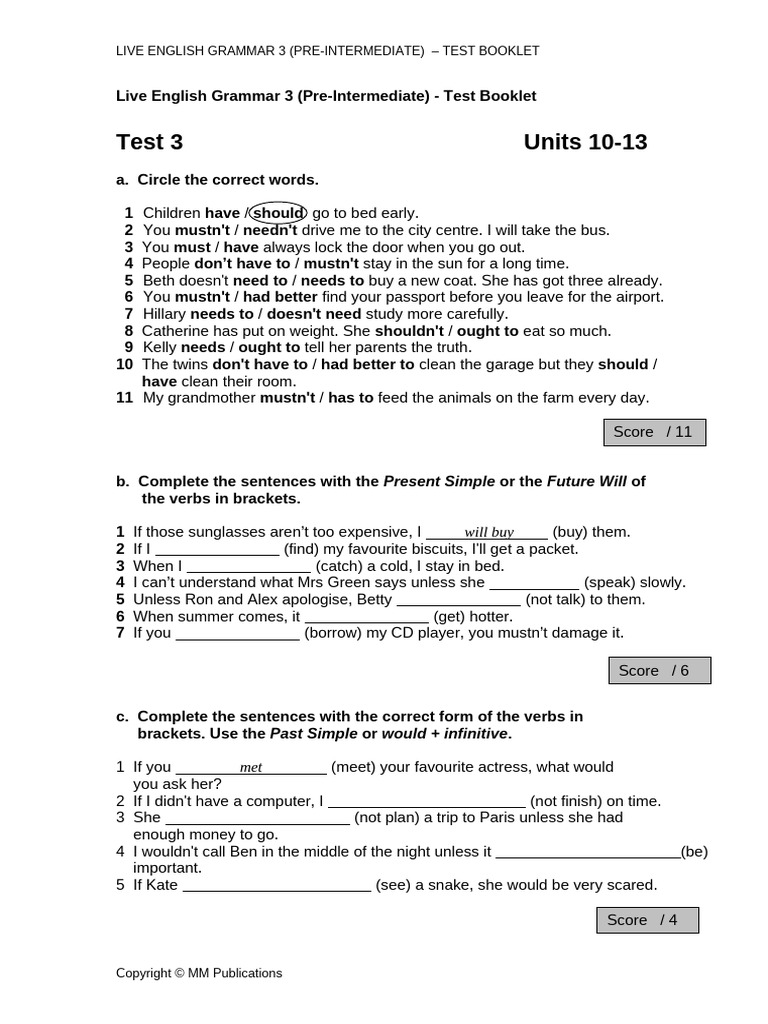 Live English Grammar 3_Test 3 | PDF | English Grammar | Linguistics