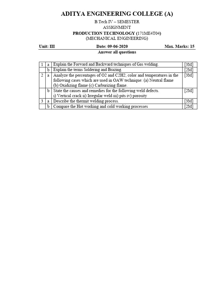 Production Technology Unit 3 Assignment | PDF