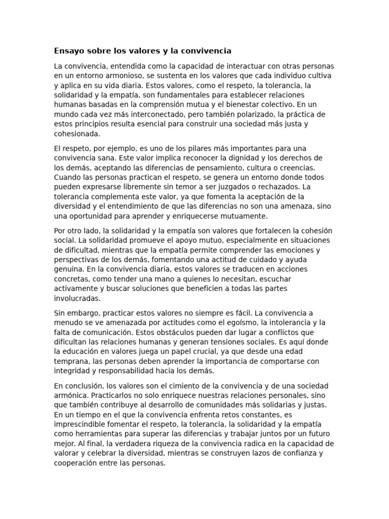 Ensayo Sobre Los Valores y La Convivencia | PDF | Tolerancia | Empatía