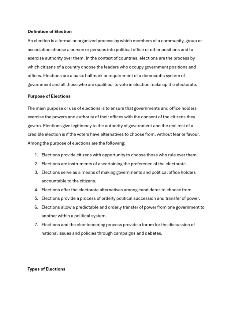 Definition of Election and Types | PDF | Government Related ...