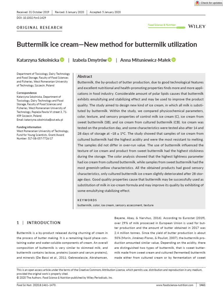 Food Science Nutrition - 2020 - Szkolnicka - Buttermilk ice cream New ... Food Science Nutrition - 2020 - Szkolnicka - Buttermilk ice cream New ...